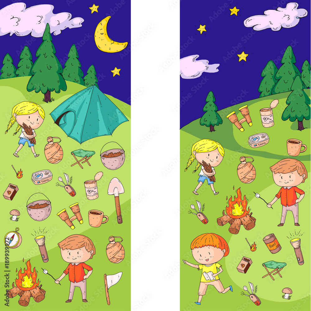 Children camping. Summer camp. Scouts, adventure, hiking, exploration ...