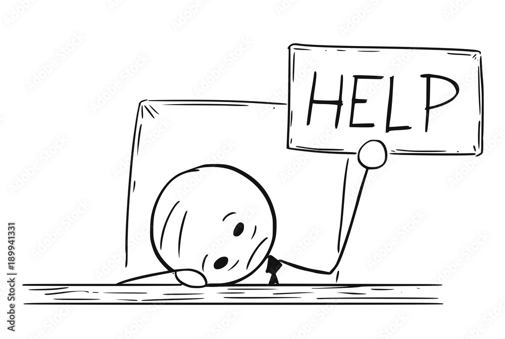 Cartoon stick man drawing conceptual illustration of depressed, tired ...