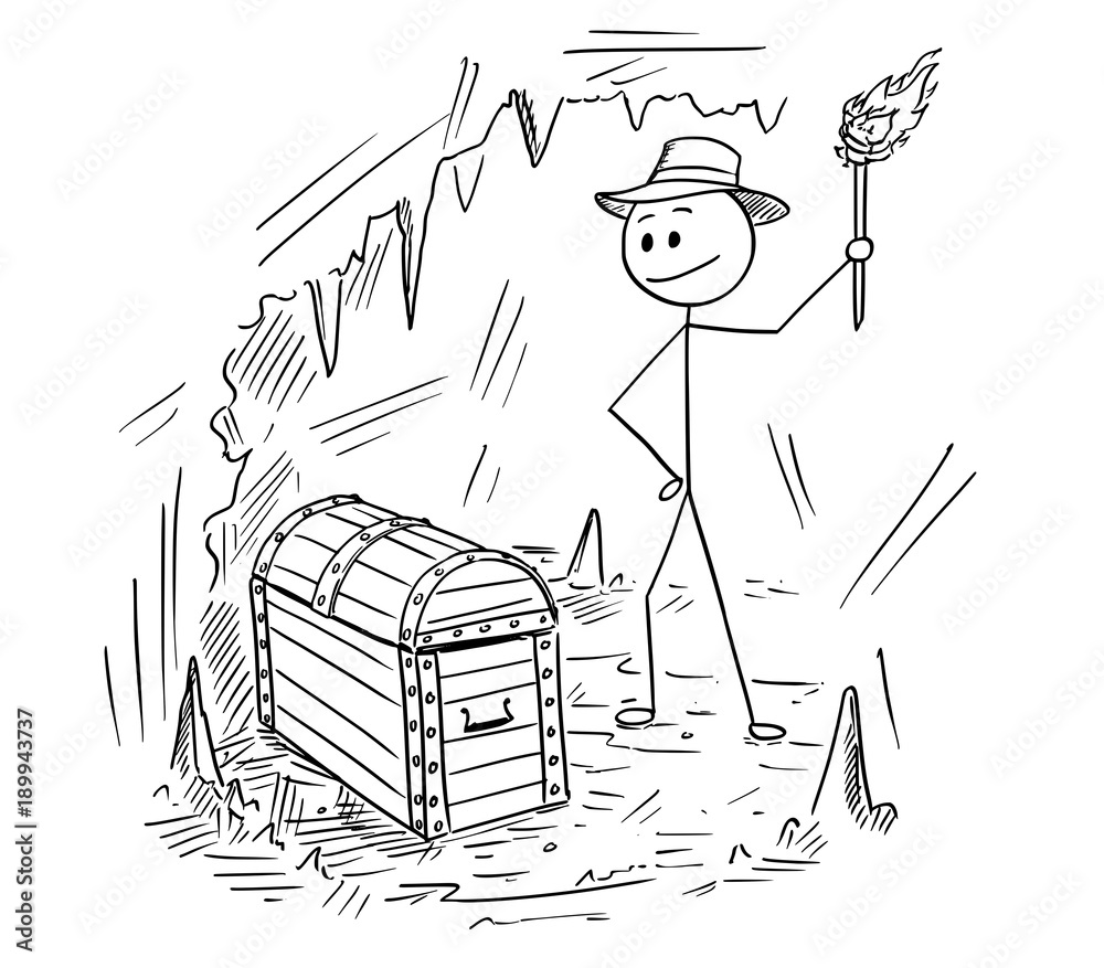 Cartoon stick man drawing illustration of adventure man who found a ...
