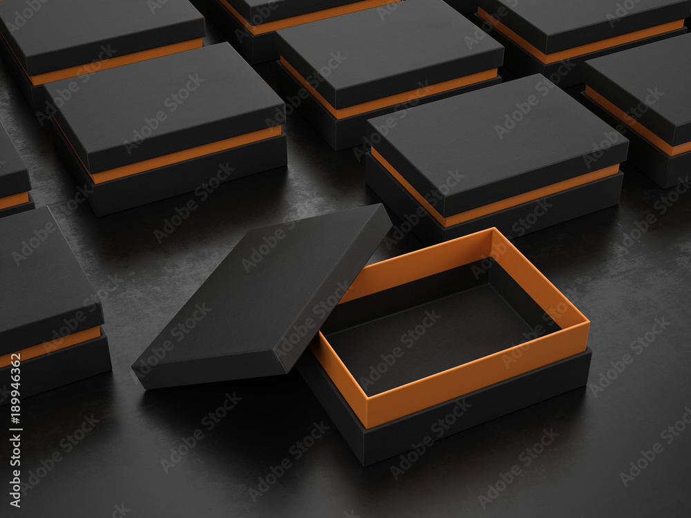 Opened and Closed Black Boxes on black background - Box Mockup, 3d ...