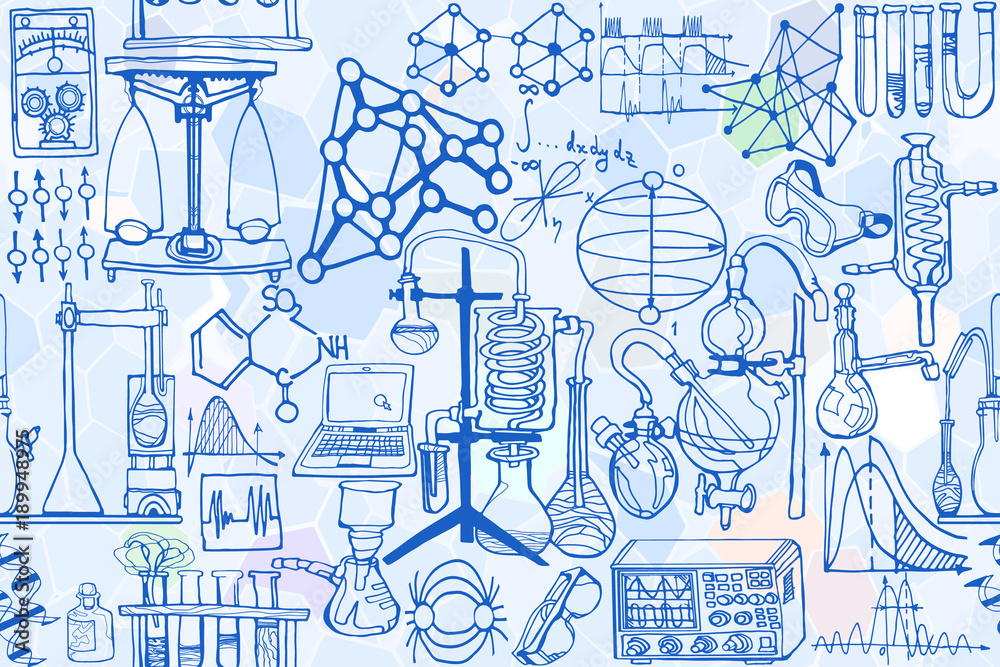 Vector seamless pattern with sketch elements related to science or ...