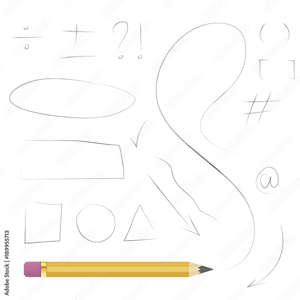 Realistic pencil vector hand drawn geometric shapes, math symbols ...