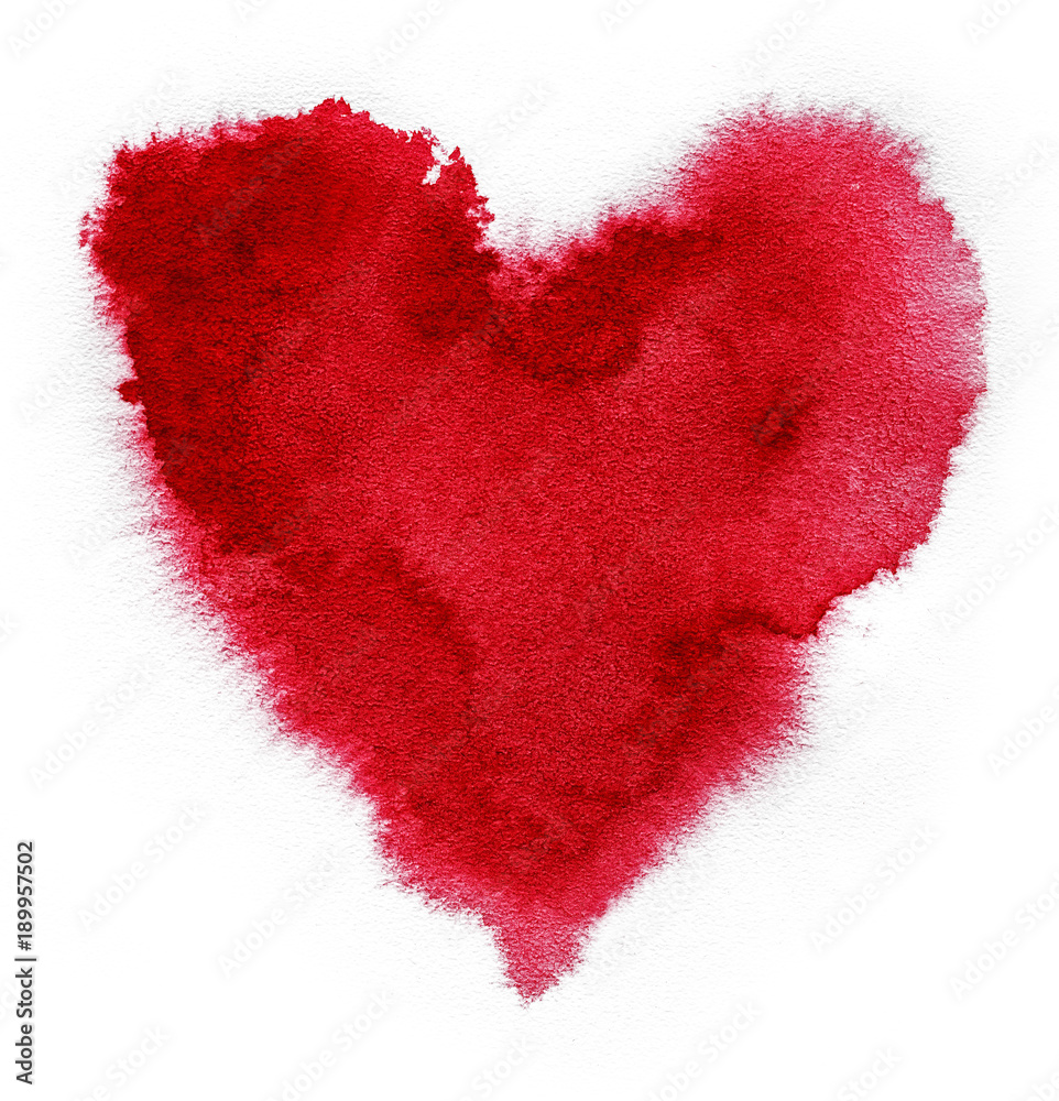 Red heart. Watercolor in shape of heart. Red spot on watercolor paper ...