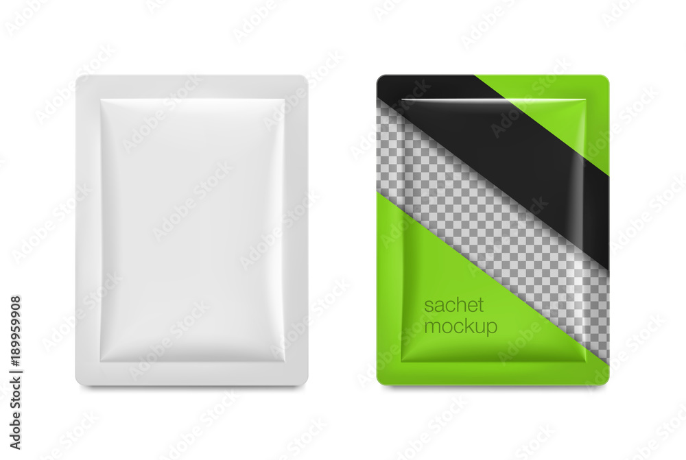 Set of blank sachet and example of template. Vector illustration ready ...