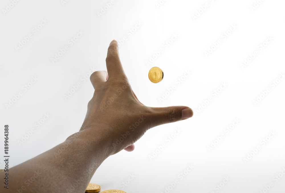 Stretching hands to grab gold coin first person point of view Stock ...
