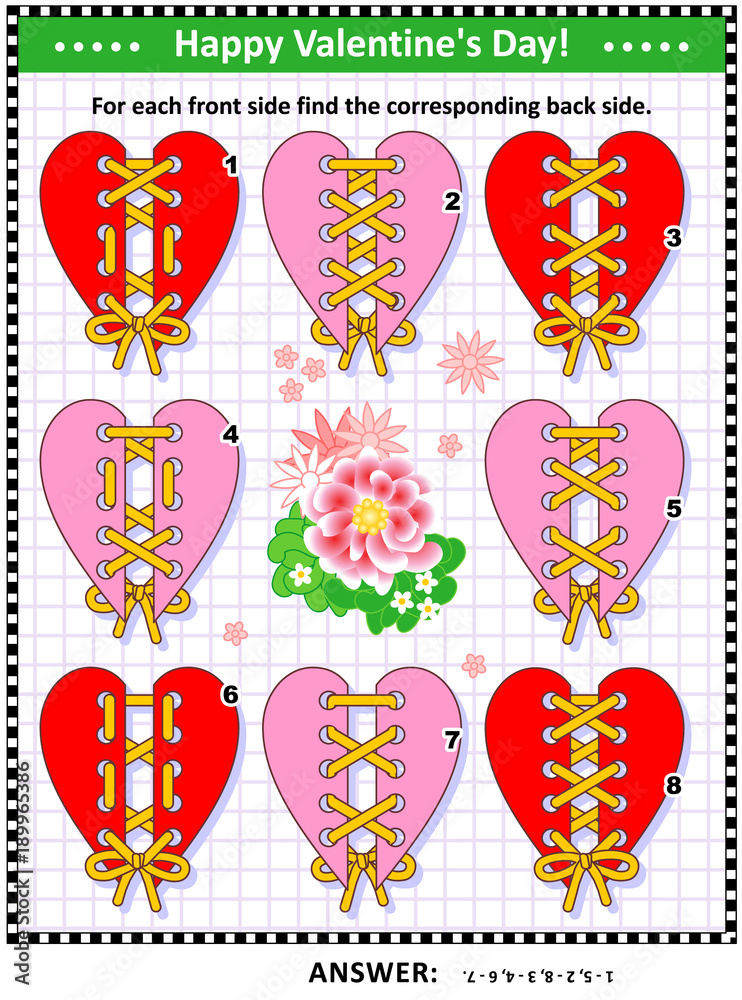 Valentine's Day themed visual puzzle with heart shaped cards and ...