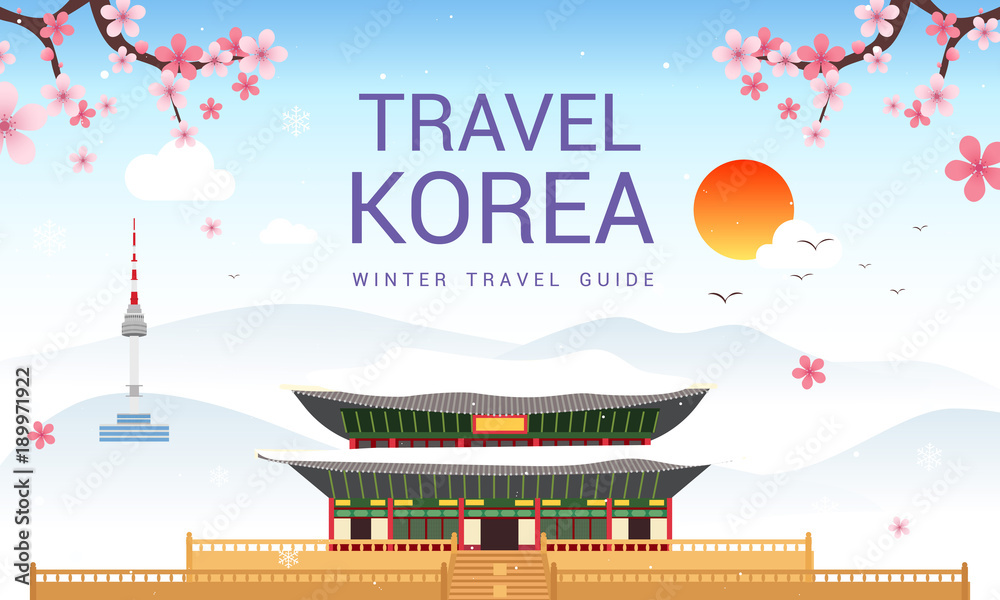 Travel Korea template vector illustration. Beautiful winter landscape ...