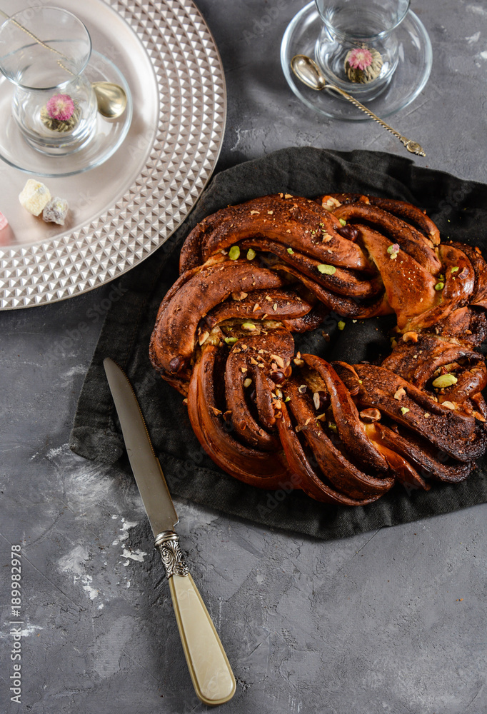 Traditional tea party in Arabic with dates, sweets and turkish bread ...
