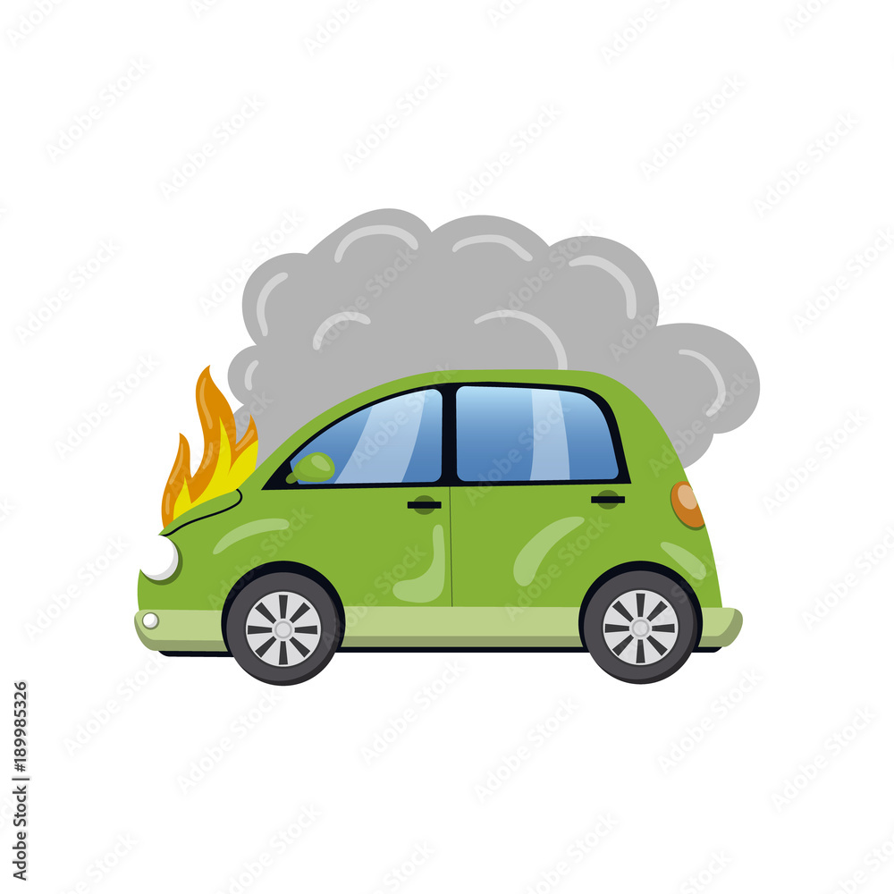 Burning car, auto fire breakdown cartoon vector Illustration Stock ...