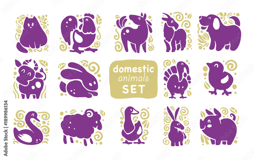 Vector collection of flat domestic cute animal icons isolated on white ...