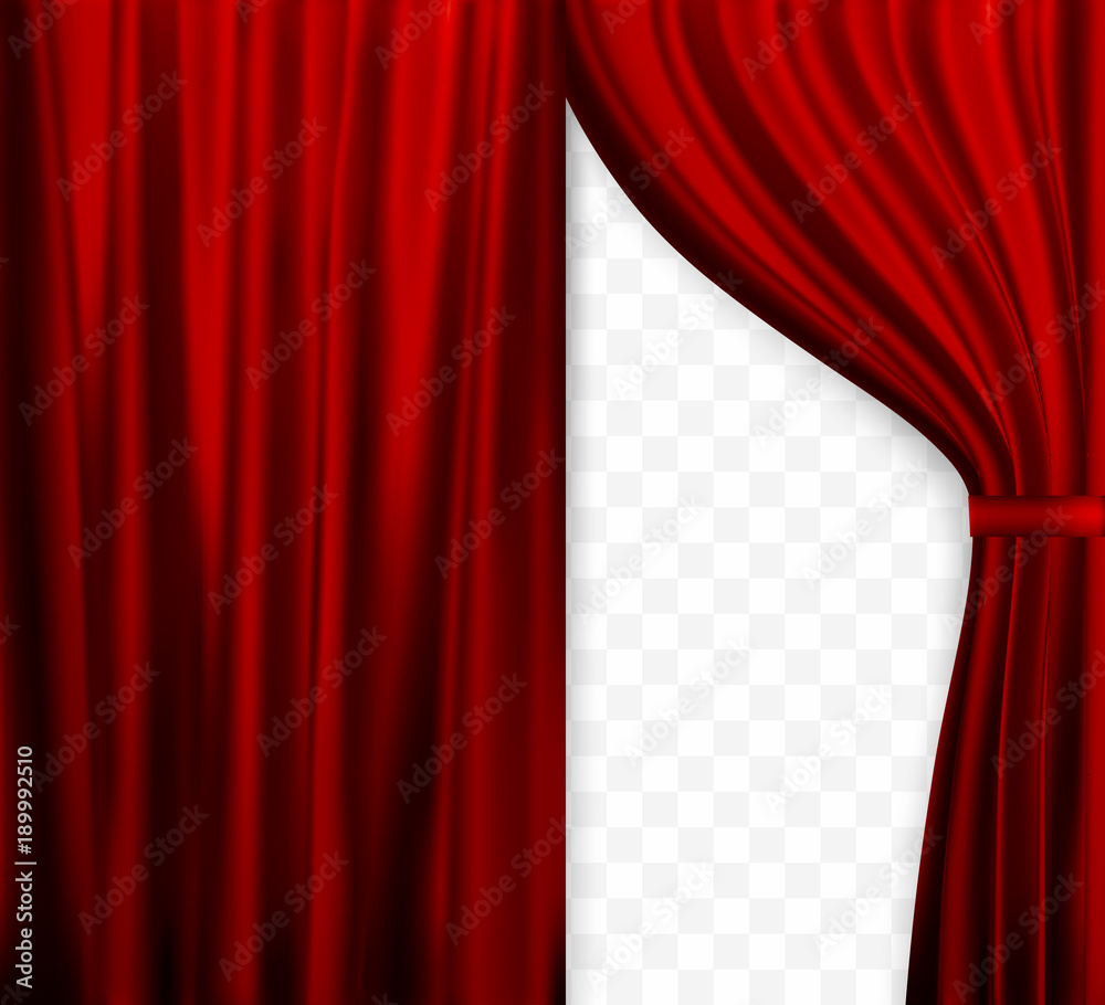 Naturalistic image of Curtain, open curtains Red color on transparent ...