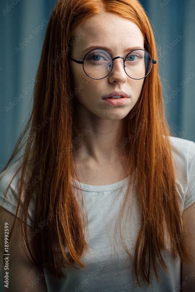 Portrait Of Beautiful Red Haired Girl Face With Glasses Closeup Stock