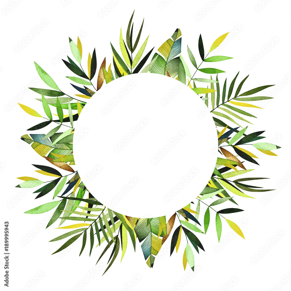 Watercolor tropic frame. Collection included colorful leaves and ...
