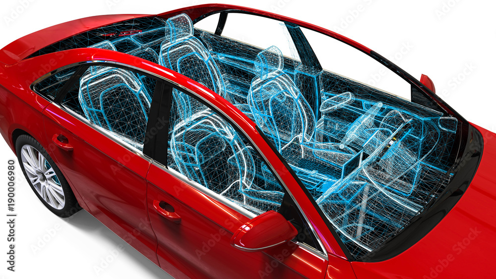 Car interior development process / 3D render image of an car in wire ...