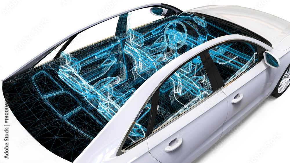 Car interior development process / 3D render image of an car in wire ...