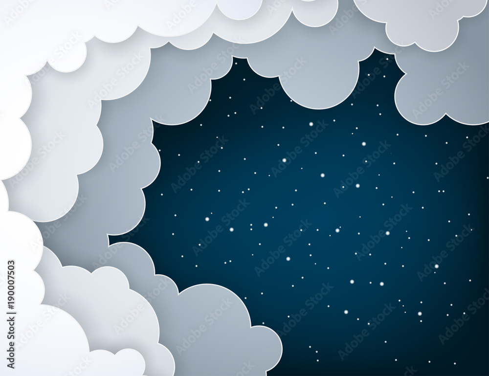 Paper art fluffy clouds and shining stars in midnight. Modern 3d ...