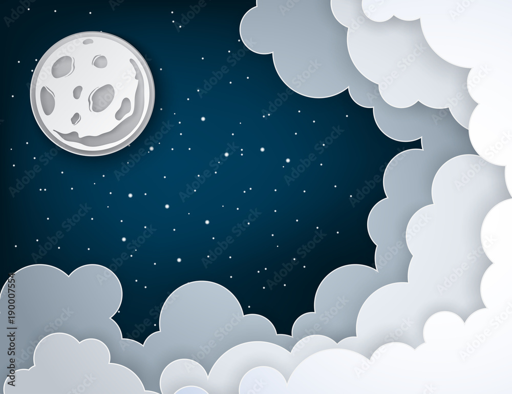 Paper art full moon, rays, fluffy clouds and stars in midnight. Modern ...