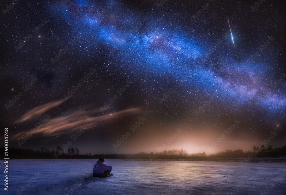 Astrophotography landscape with man watching stars. Stock Photo | Adobe ...