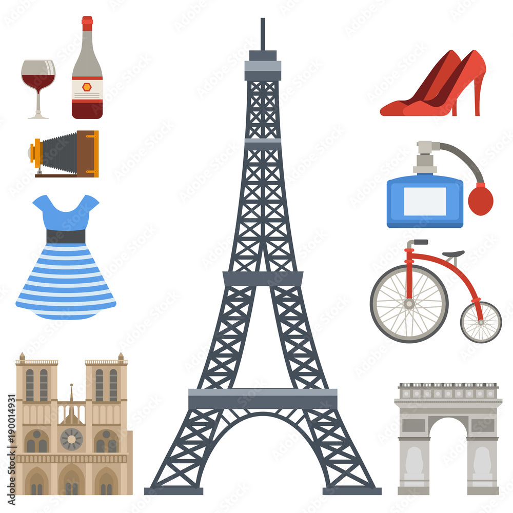 Paris icons vector famous travel cuisine traditional modern france ...