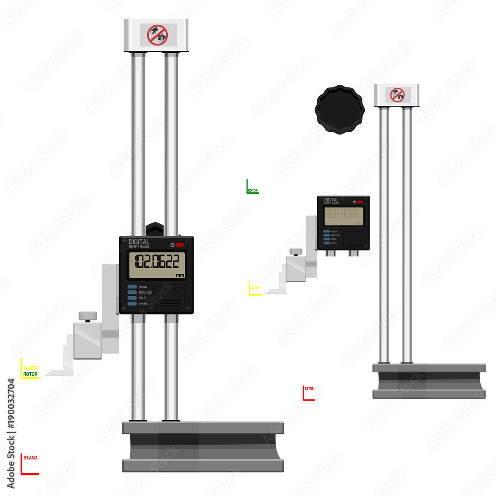 Digital height gauge on transparent background. There are 3 components ...