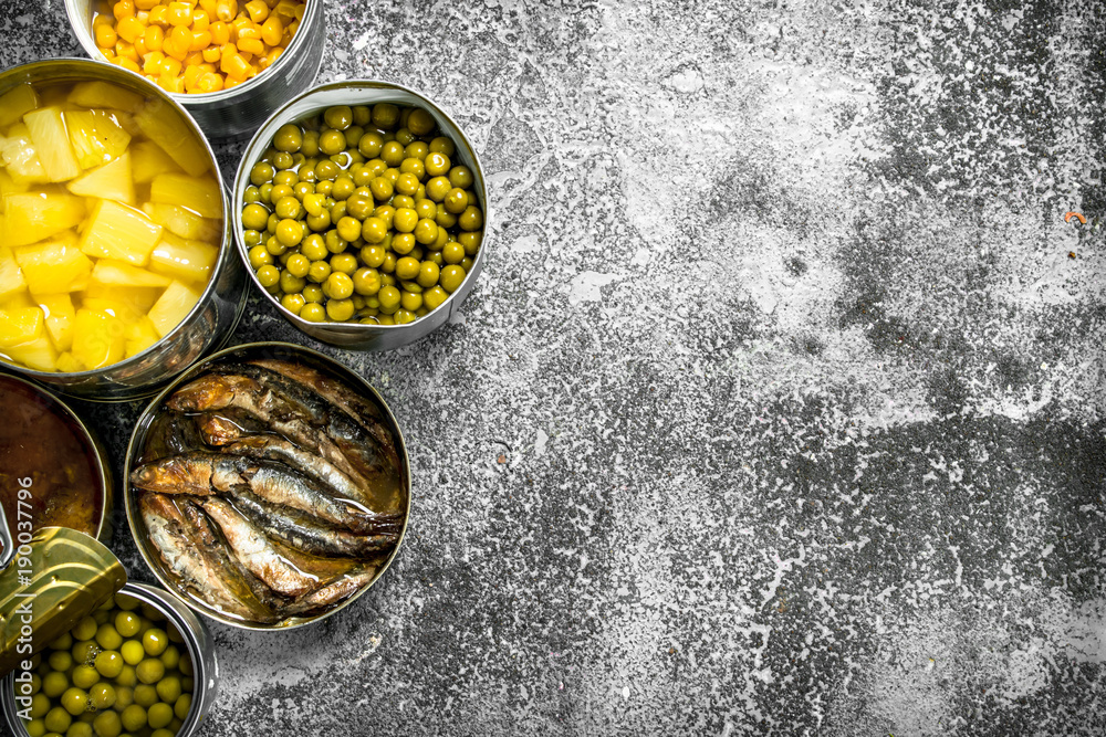 Various canned foods with meat, fish, vegetables and fruits in tin cans ...