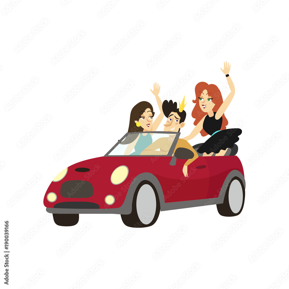 Modern prince driving cabriolet car, happy friends in a car comic ...