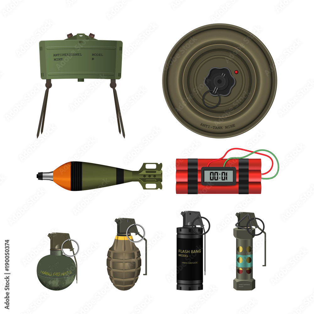 Detailed realistic image of hand grenade, mine and dinamite. Army ... Detailed realistic image of hand grenade, mine and dinamite. Army ...