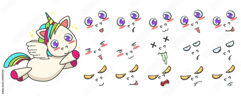 Flying little winged unicorn with set of emotions.Vector cartoon ...