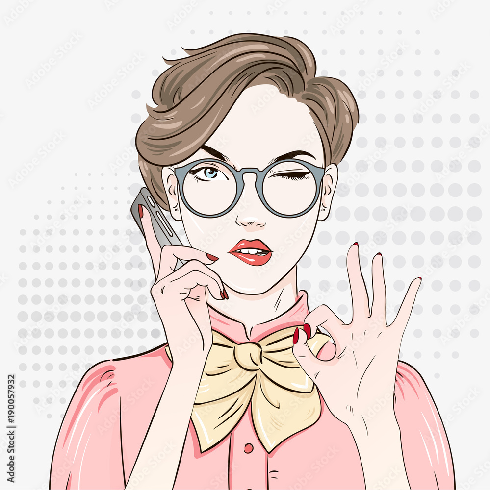 Pop Art Vintage advertising poster comic girl in blouse shows okay and ...