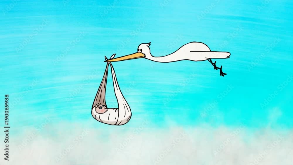 Animated greeting card: 2D Cartoon Funny Character Stork Bringing a ...