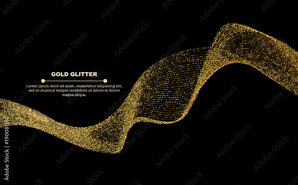 Gold glitter flow abstract lines isolated on black background, vector ...