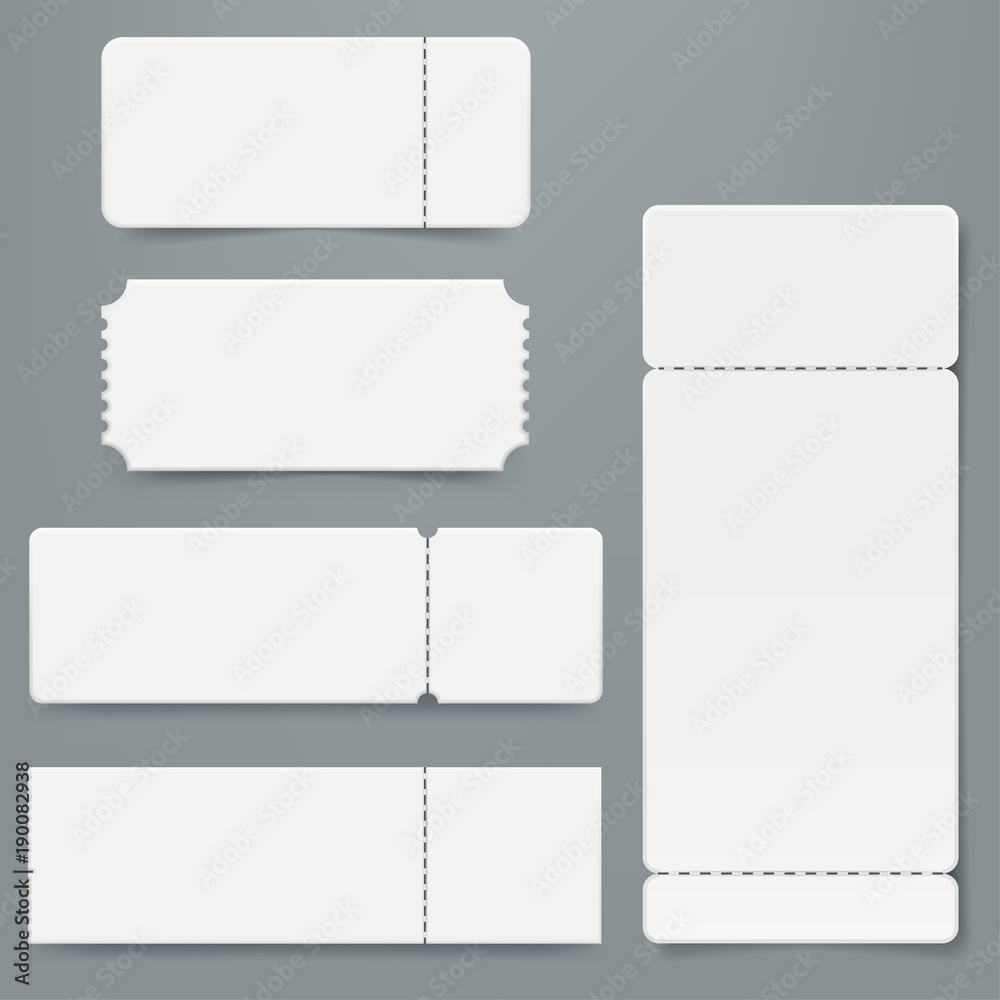 Set of blank ticket mockup template. Realistic White paper coupon ...