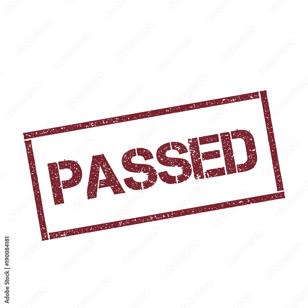 Passed rectangular stamp. Textured red seal with text isolated on white ...