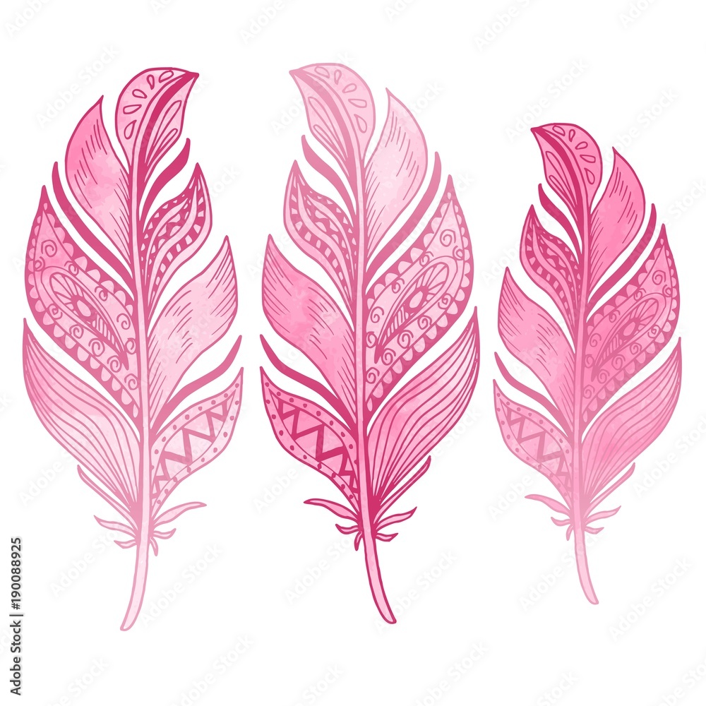 Beautiful hand drawn feather doodle, curly boho sketch with watercolor ...