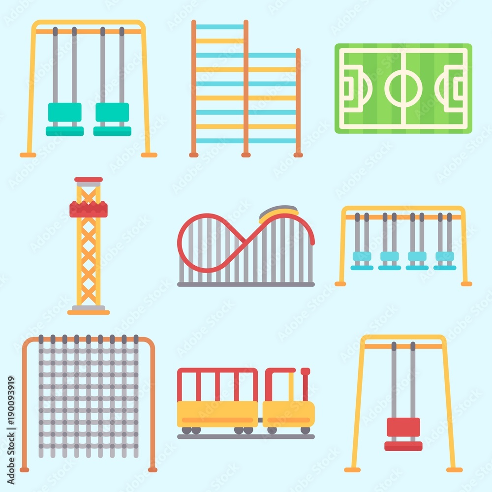 Icons set about Amusement Park with carousel, flambards experience ...