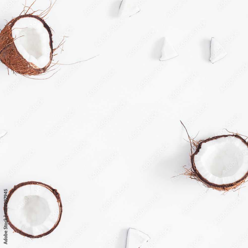 Coconut background. Fresh coconuts on white background. Flat lay, top ...