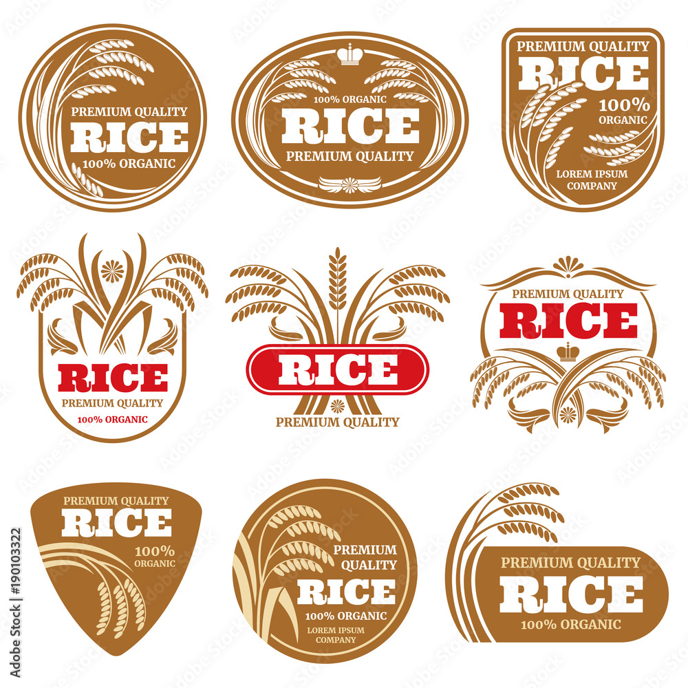 Paddy grain organic rice labels. Healthy food vector logos isolated ...