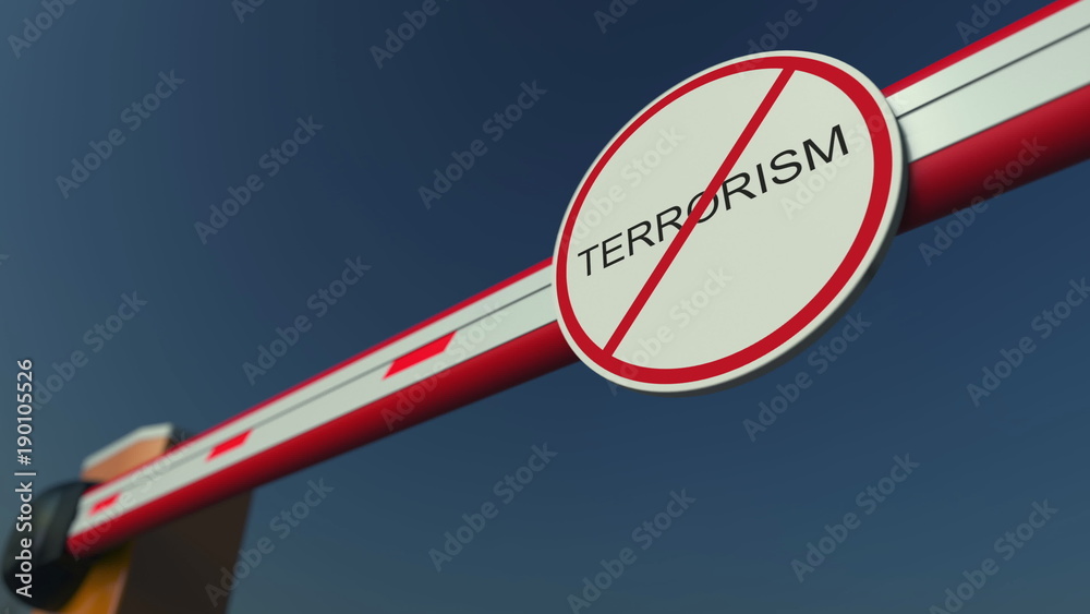 Closed barrier gate with NO TERRORISM sign. Conceptual 3D rendering ...