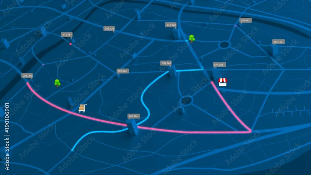 4K animation aerial view of night map with 3d building and destination ...