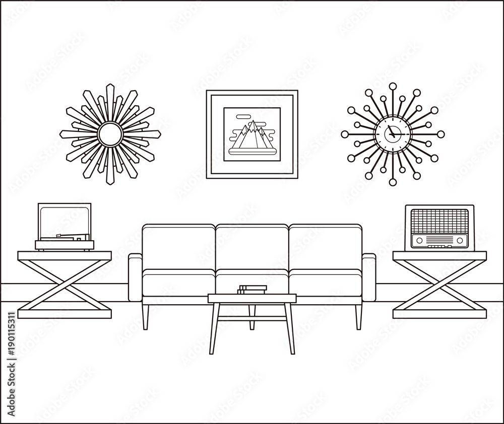 Living room interior in line art. Retro room flat design. Vector ...