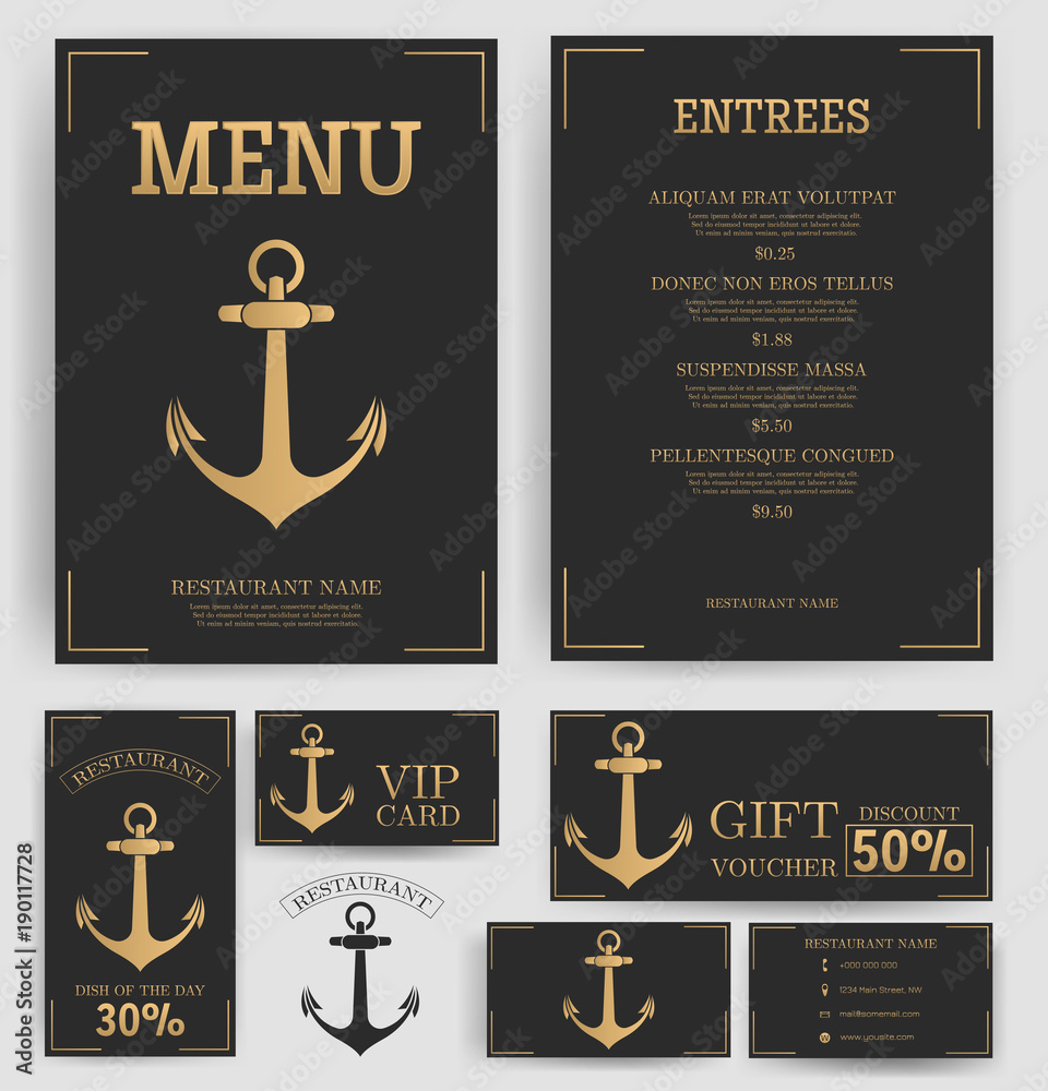 Restaurant menu template. Elegant golden Anchor. Black background ...