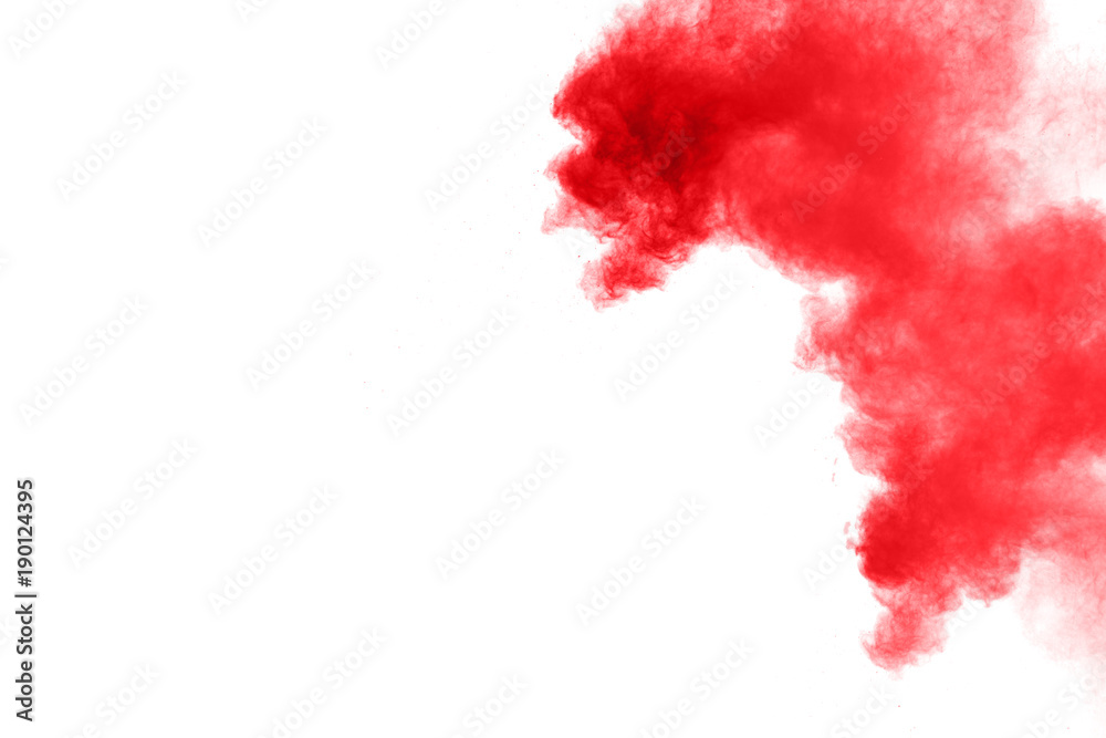abstract red dust splattered on white background. Red powder explosion ...