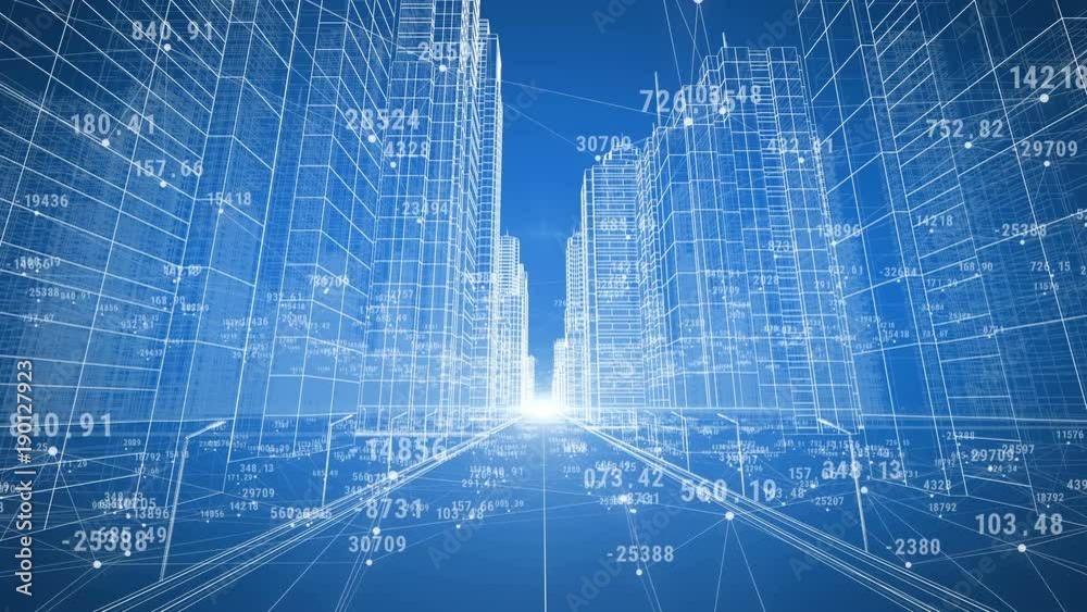 Abstract Digital City with Numbers and Grids. Moving Through the 3d ...