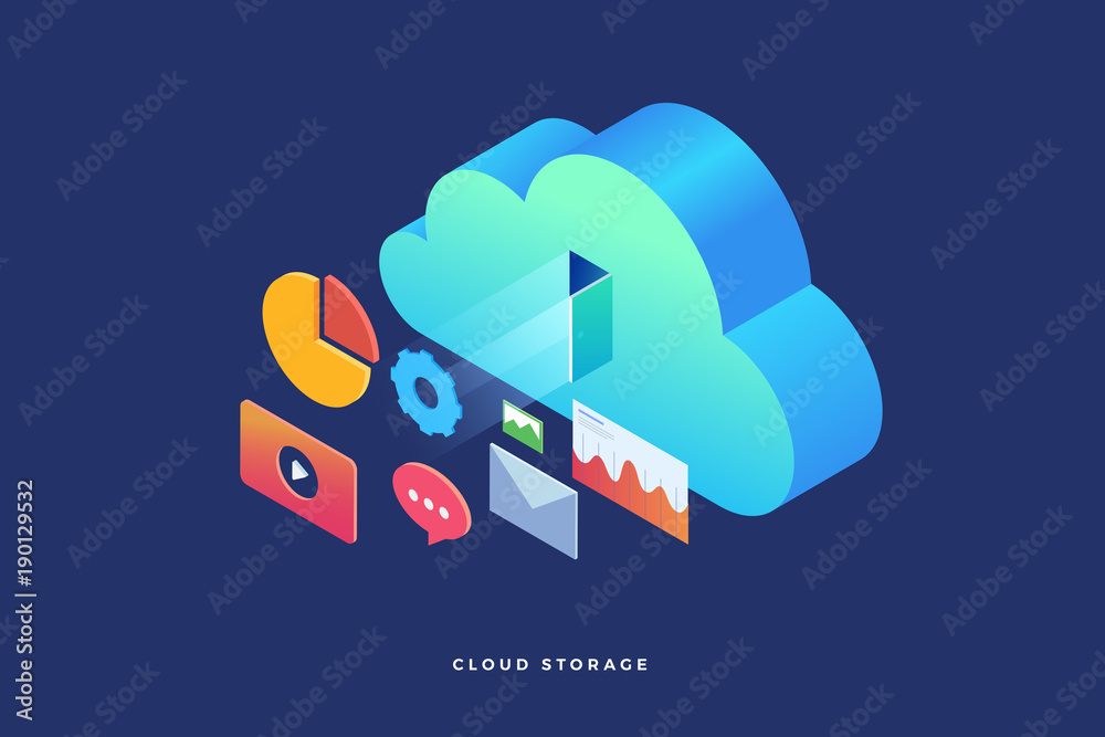 Cloud storage: web graph, chart, email, player. Infographics elements ...