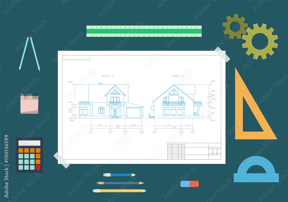 House drawing and drawing tools. The concept of design. Flat vector ...