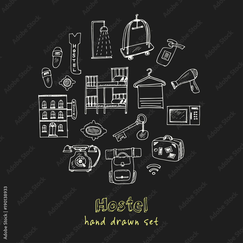 Hostel. Hand drawn doodle set. Sketches. Vector illustration for design ...