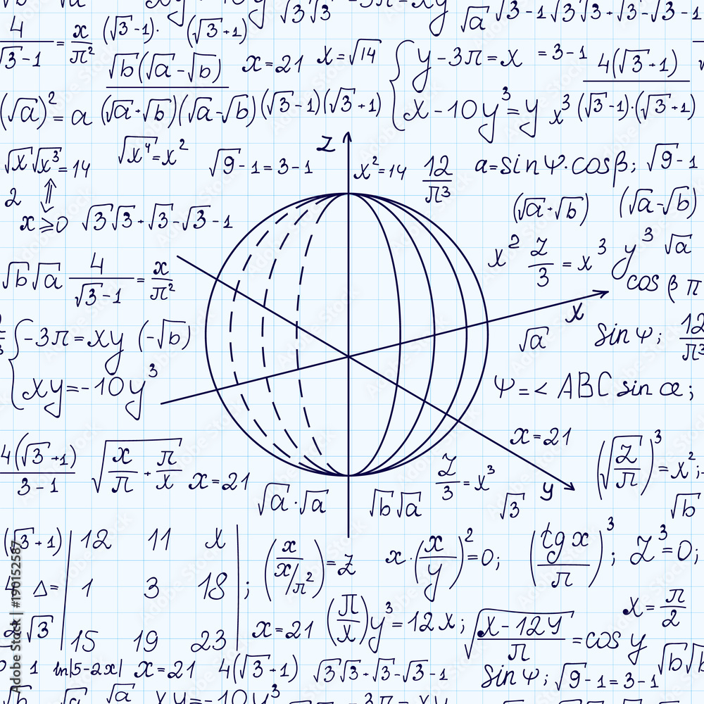Math vector seamless pattern with handwritten spheres, plots, formulas ...