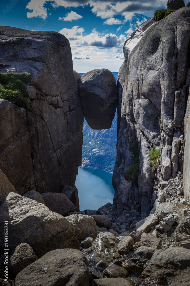 Kjerag Rock (Kjeragbolten) in Lysefjord Cliff,Norway Stock Photo ...