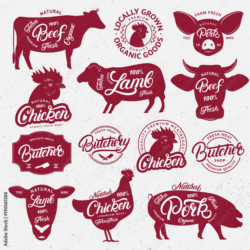 13 butchery logo, label, emblem, poster. Farm animals with lettering ...