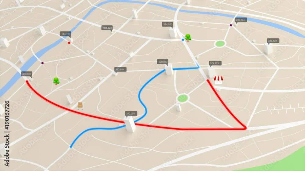 4K animation aerial view of map with 3d building and destination moving ...